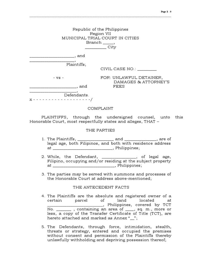 Complaint - Ejectment - Sample Format | PDF | Lawsuit | Complaint