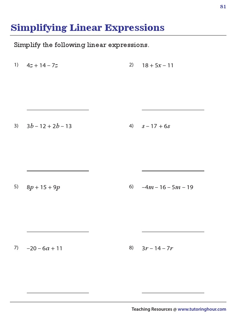 Simplifying Linear Expressions Pdf