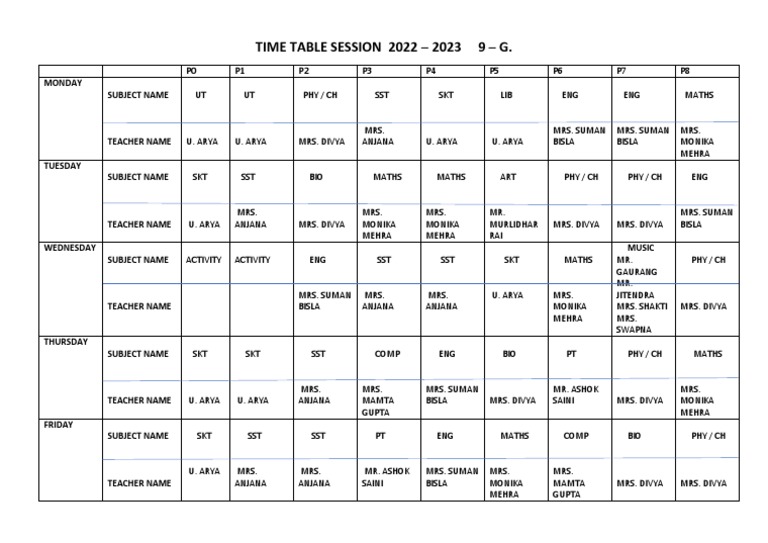 Time Table 2022 - 2023 9 - G. | PDF