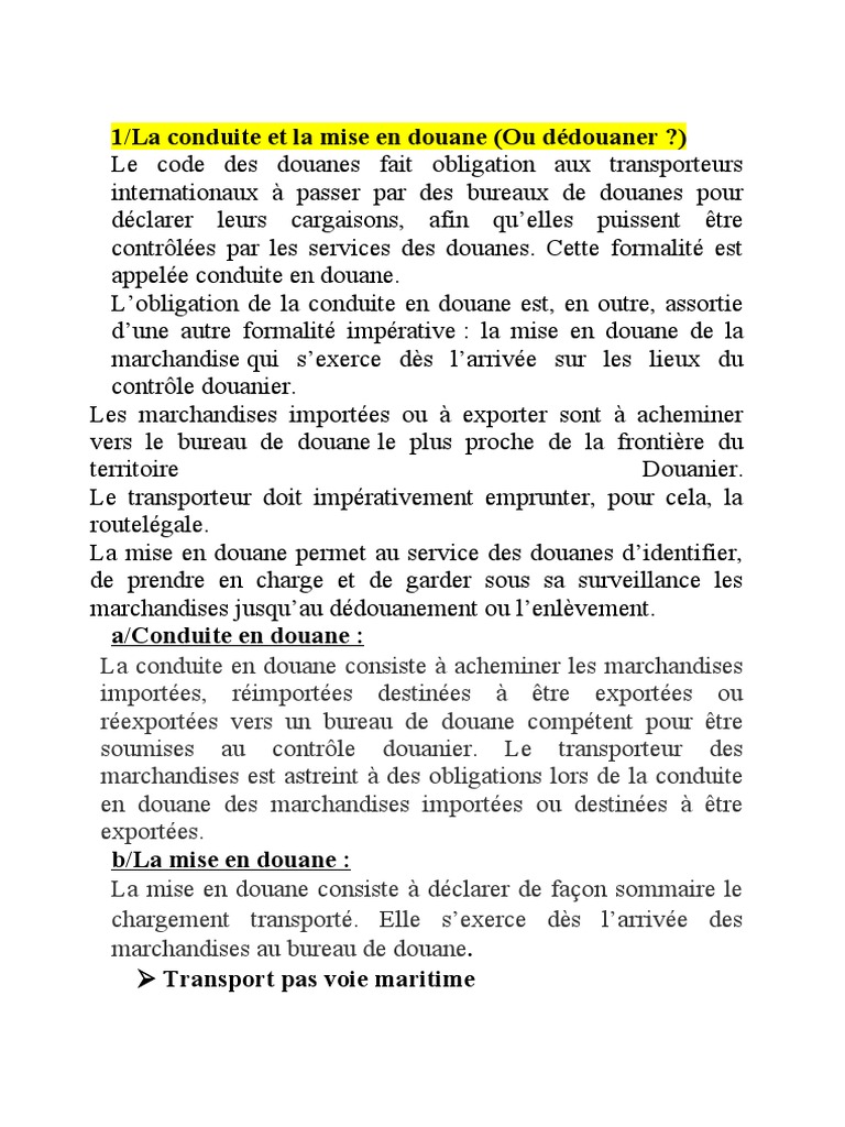 1/la Conduite Et La Mise en Douane (Ou Dédouaner ?) | PDF | Transport