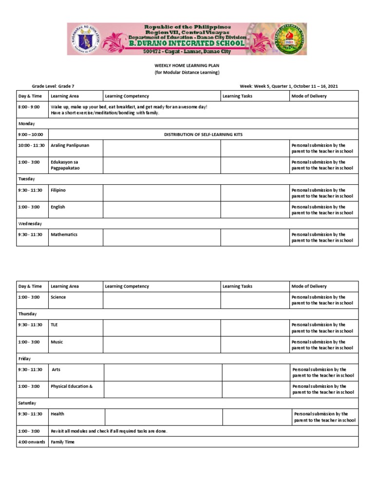 Weekly Home Learning Plan For Modular Distance Learning - Week 5 Final ...