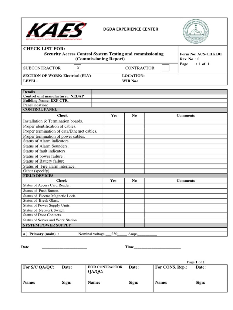 Commissioning Check List For Access Control System | PDF