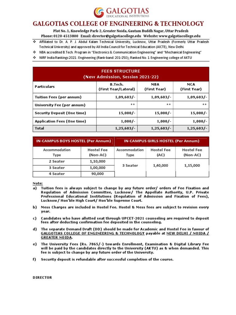 Galgotias College of Engineering & Technology: Fees Structure (New Admission | PDF | Educational ...