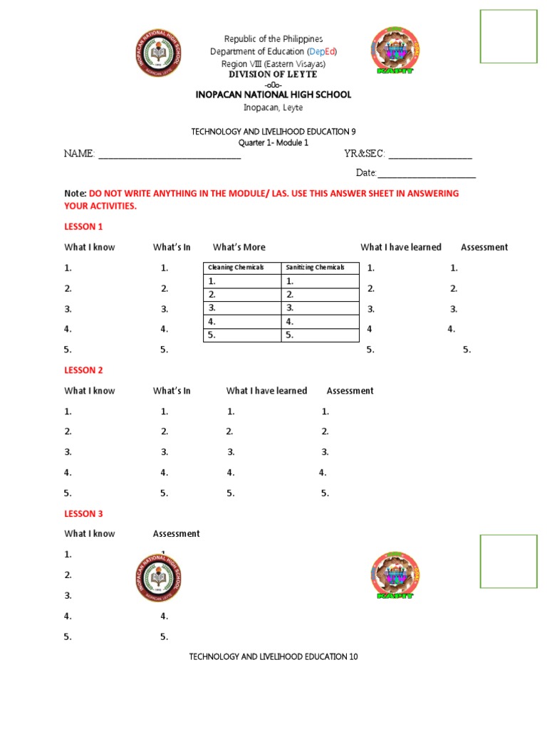 Do Not Write Anything in The Module/ Las. Use This Answer Sheet in ...