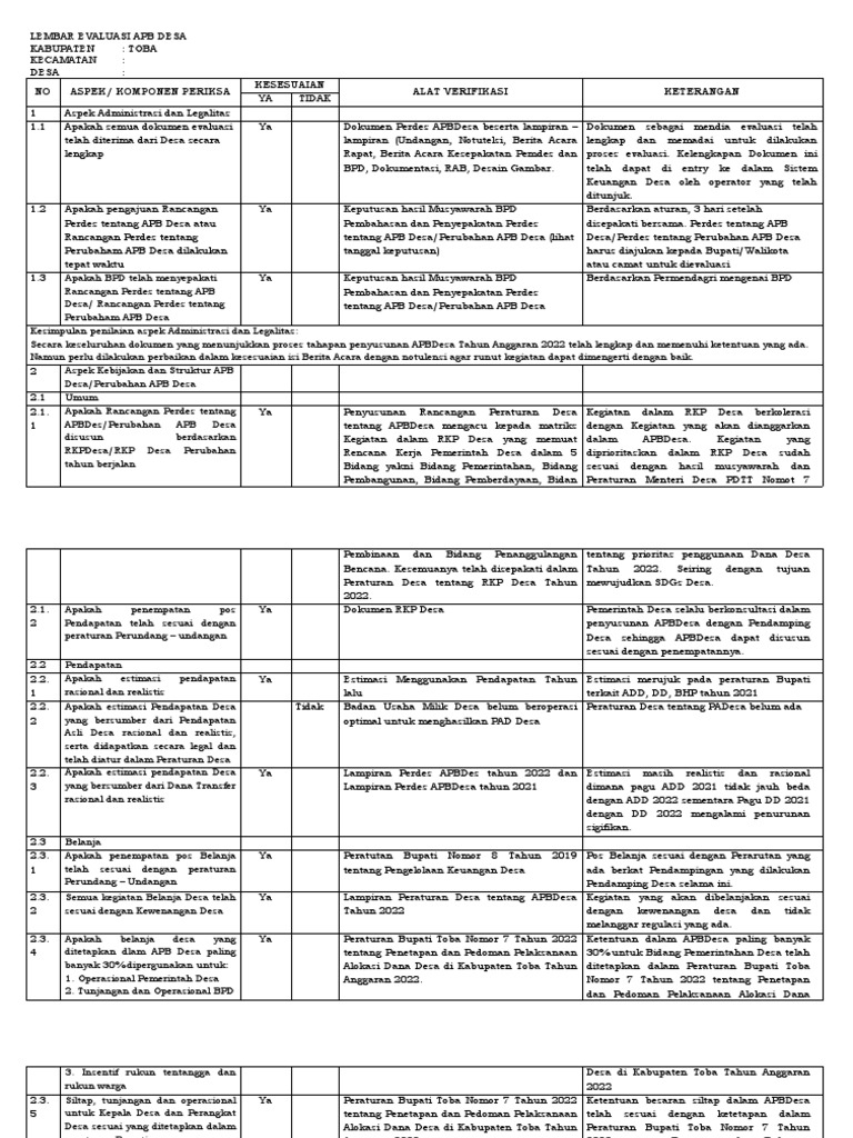 Contoh Lembar Evaluasi APBDesa 2022 | PDF