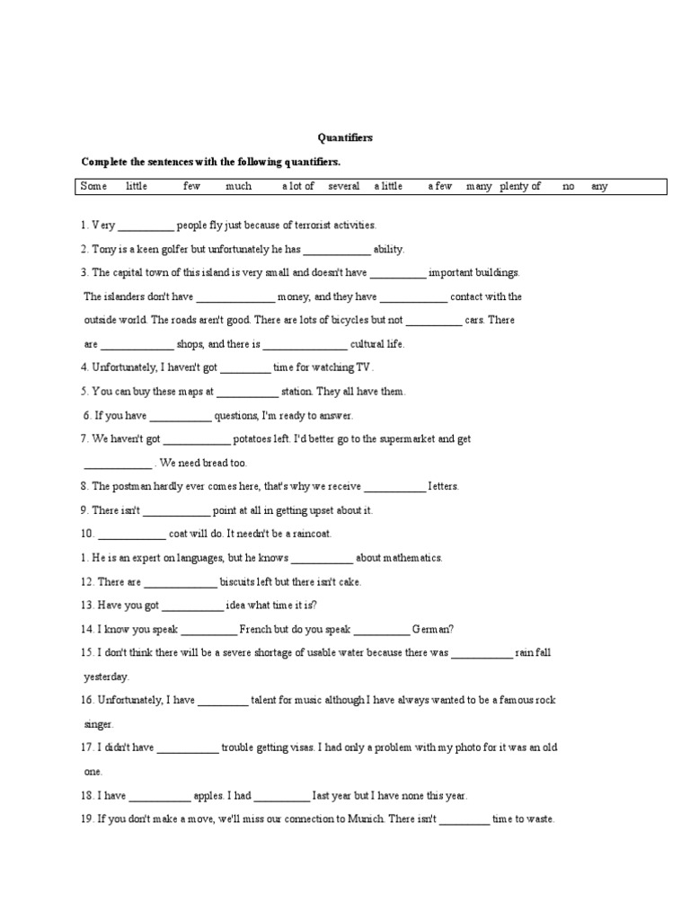 Quantifiers Complete The Sentences With The Following Quantifiers | PDF | Home & Garden