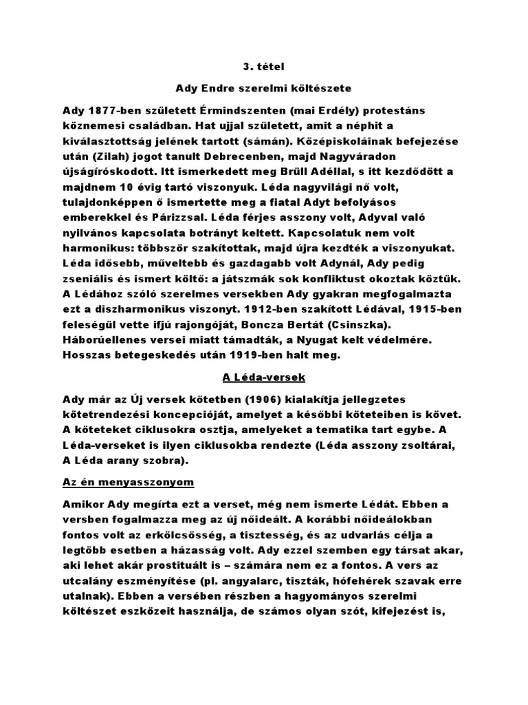 Tétel - Ady Endre Szerelmi Költészete | PDF