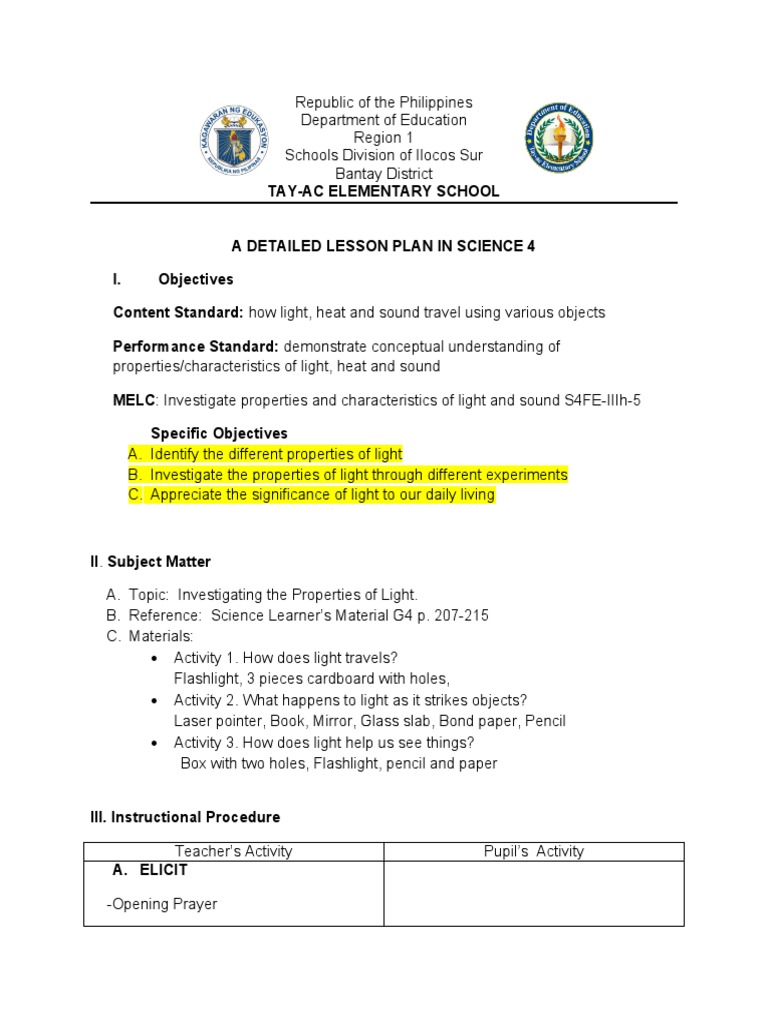 Lesson Plan Properties Of Light