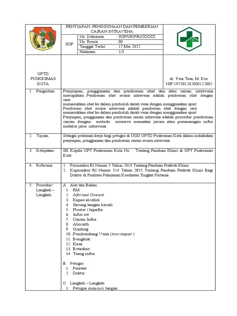SOP Penyiapan, Penggunaan Dan Pemberian Cairan Intravena | PDF