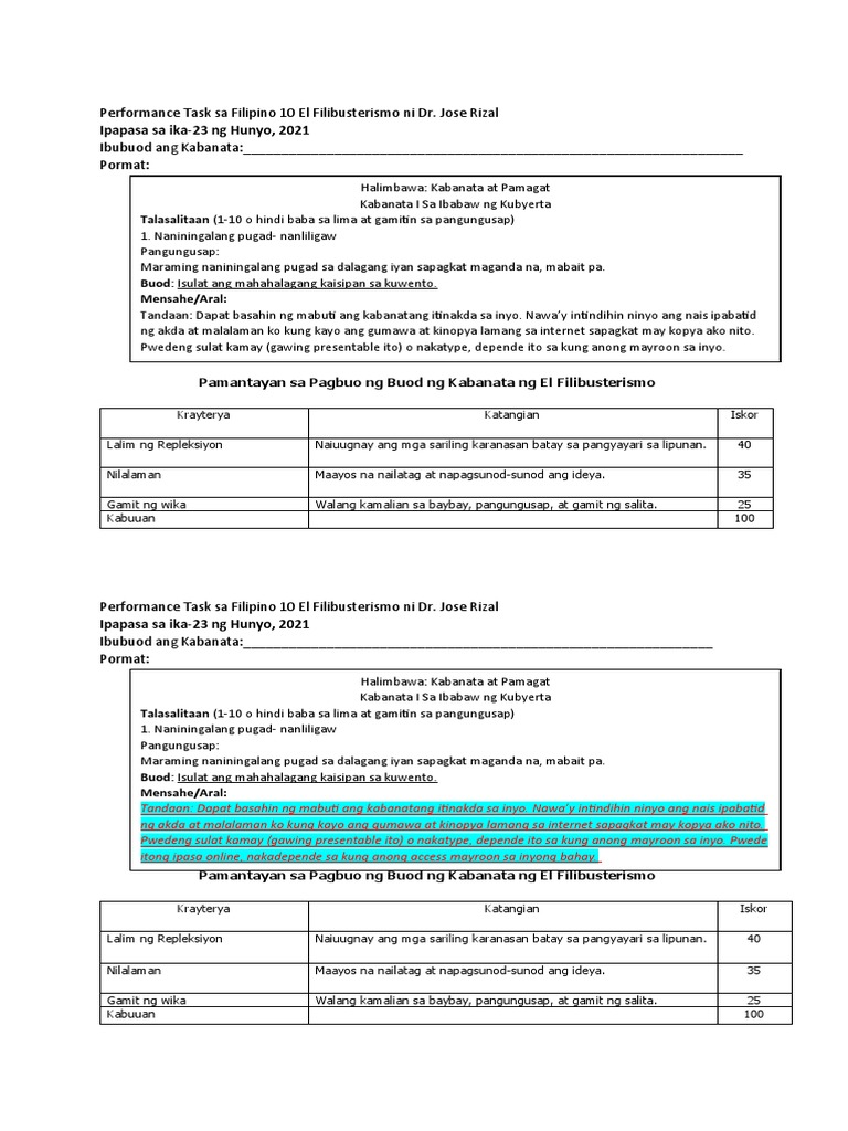 Performance Task Sa Filipino 10 El Filibusterismo Ni DR | PDF