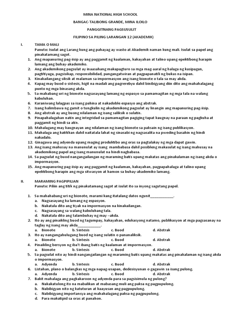 Panggitnang Pagsusulit Akademik | PDF