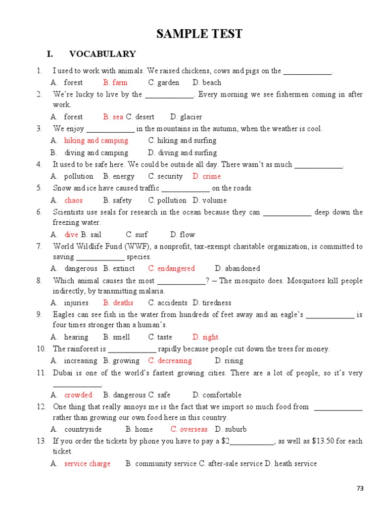 Sample Test: I. Vocabulary | PDF | Text Messaging