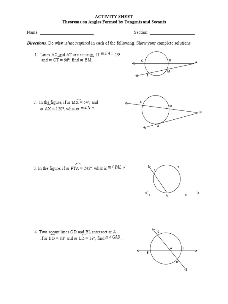 ACTIVITY SHEET ON THEOREMS ON Angles Formed by Tangents and Secants | PDF