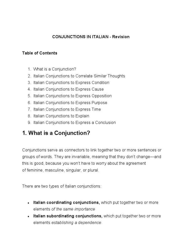 Italian Conjunctions: A Comprehensive Guide | PDF | Grammatical Gender ...