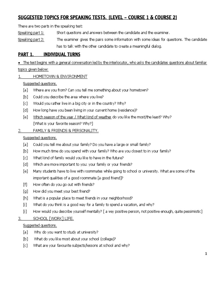 Suggested Topics For Speaking Test (Level Course 1 & Course 2) | PDF ...