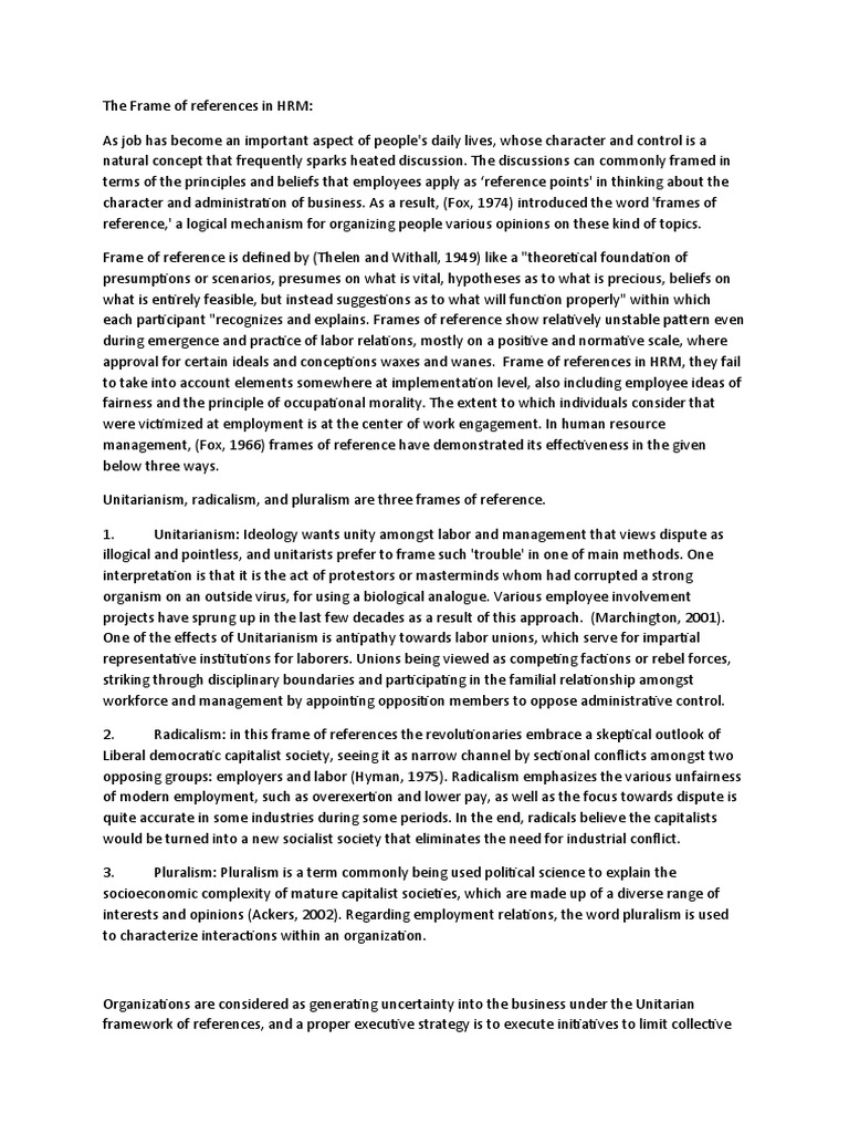 HRM Frames of Reference: Unitarianism, Radicalism, Pluralism | PDF ...