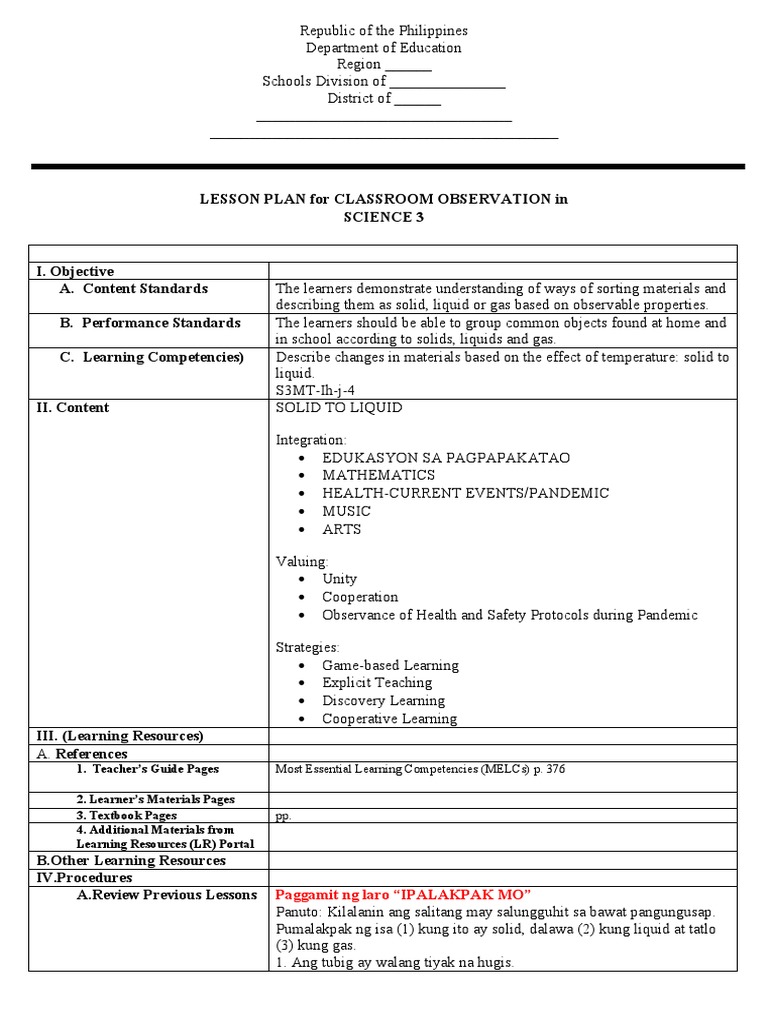 Co Lesson Plan Science 3 Quarter 1 | PDF