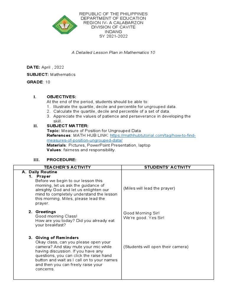 A Detailed Lesson Plan in Mathematics 10: Measures-Of-Position ...