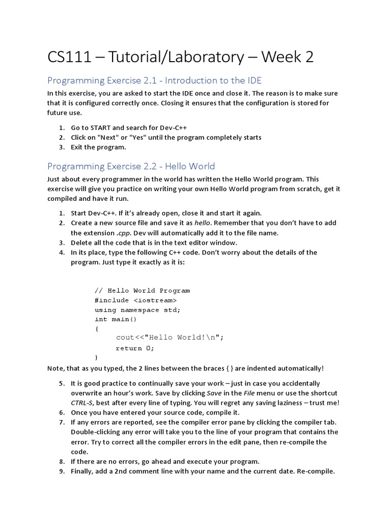 CS111 - Tutorial/Laboratory - Week 2: Programming Exercise 2.1 - Introduction To The IDE | PDF ...