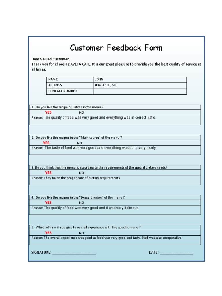 Customer Feedback Form | PDF | Foods | Menu