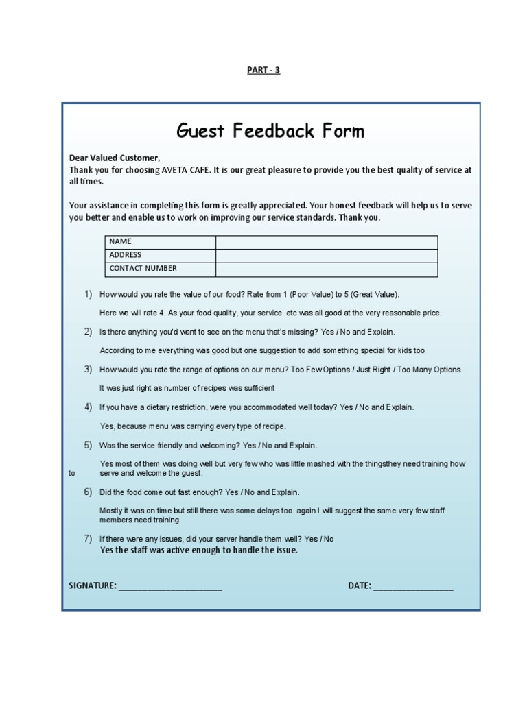Guest Feedback Form: Part - 3 | PDF | Restaurants | Foods