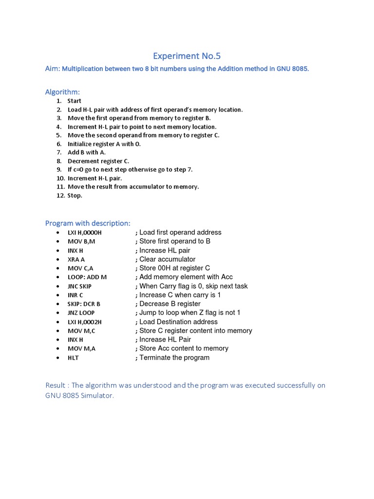 Experiment No.5: Multiplication Between Two 8 Bit Numbers Using The ...
