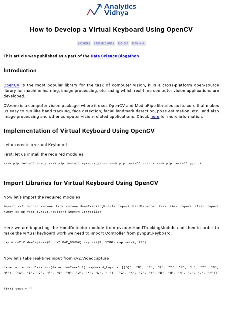 How To Develop A Virtual Keyboard Using Opencv Pdf Computer Keyboard Function Mathematics 5852