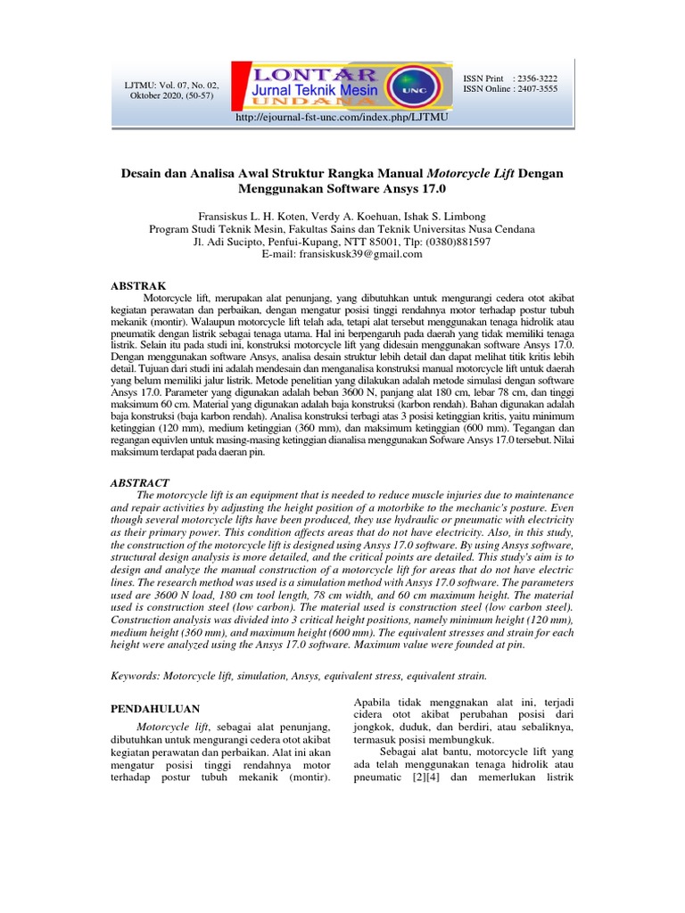 Desain Dan Analisa Awal Struktur Rangka Manual Motorcycle Lift Dengan ...