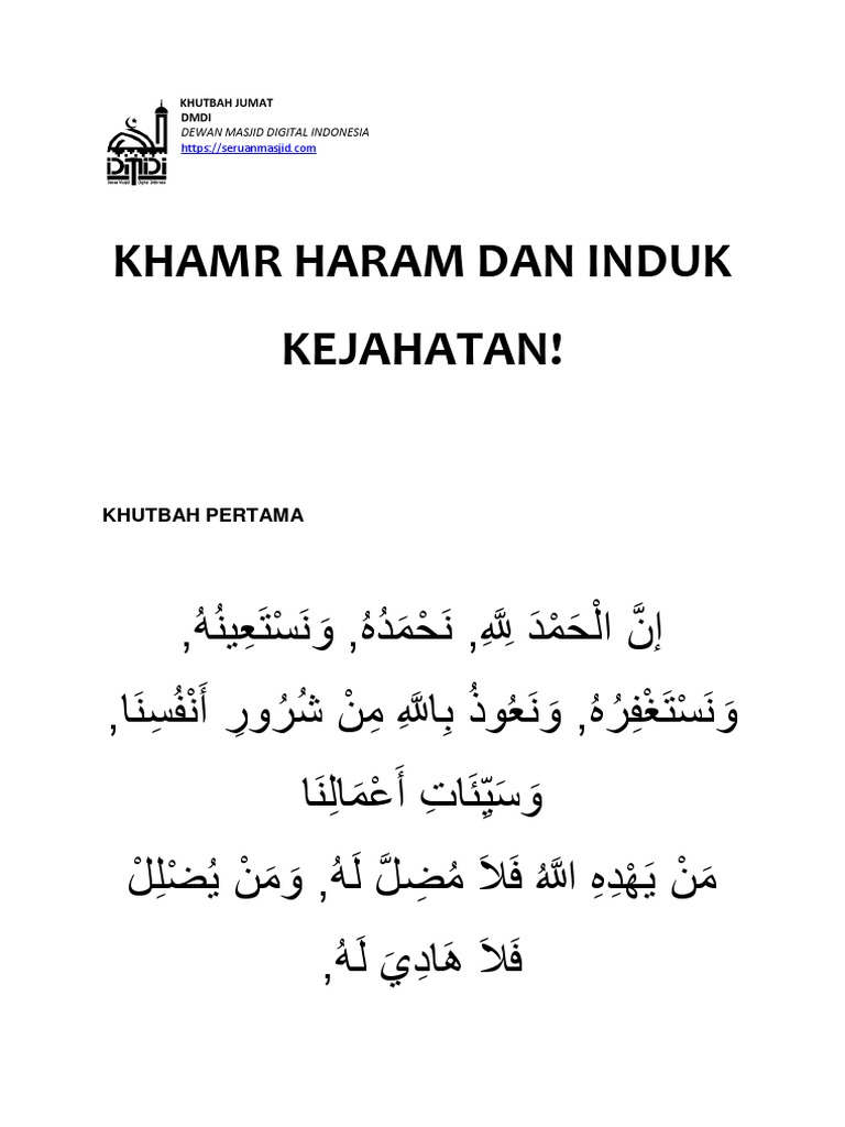 B Ind Khuthbah Jumat 47 2020 Khamr Haram Dan Induk Kejahatan | PDF