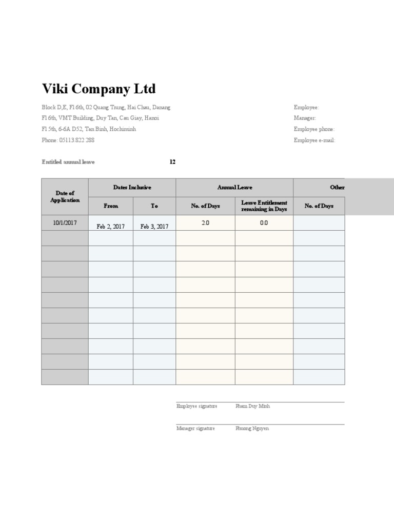 Leave Card: Viki Company LTD | PDF