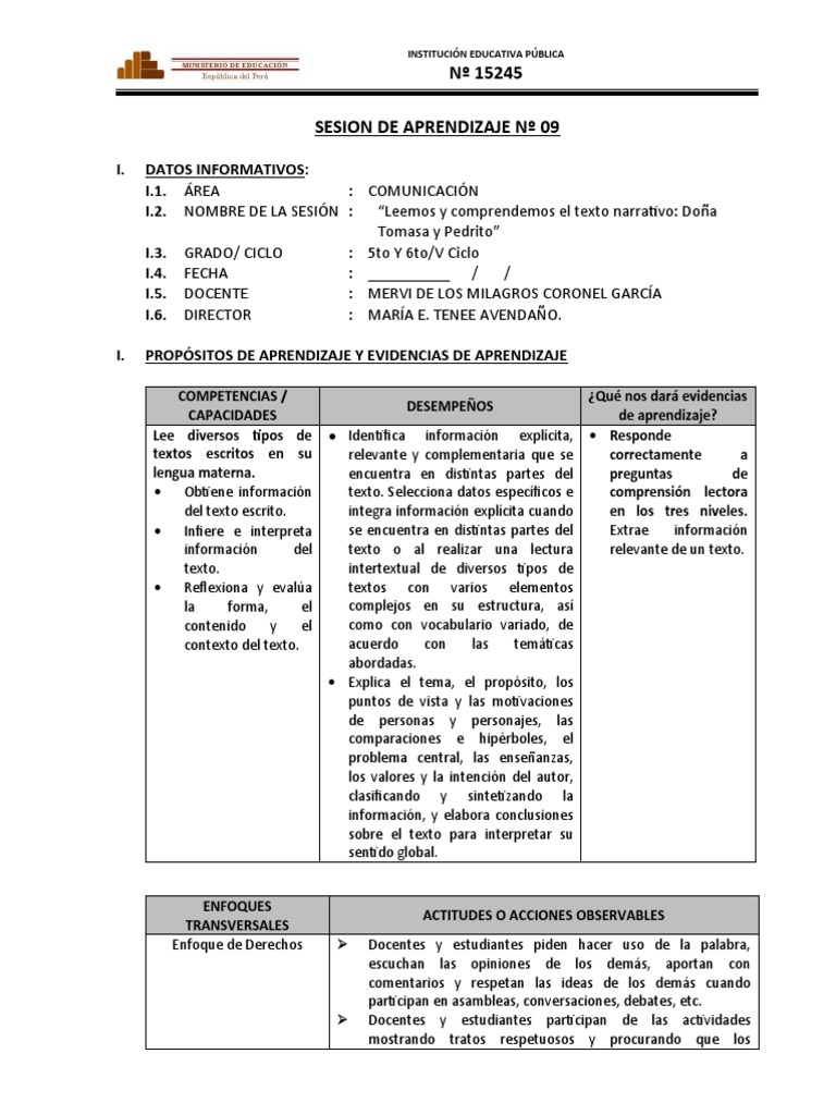 Sesión de Aprendizaje #09-Leemos y Comprendemos El Texto Narrativo Doña Tomasa y Pedrito | PDF ...
