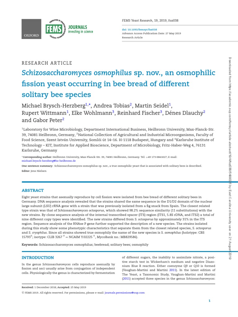 Schizosaccharomyces Osmophilus Sp. Nov., An Osmophilic | PDF | Species | Yeast