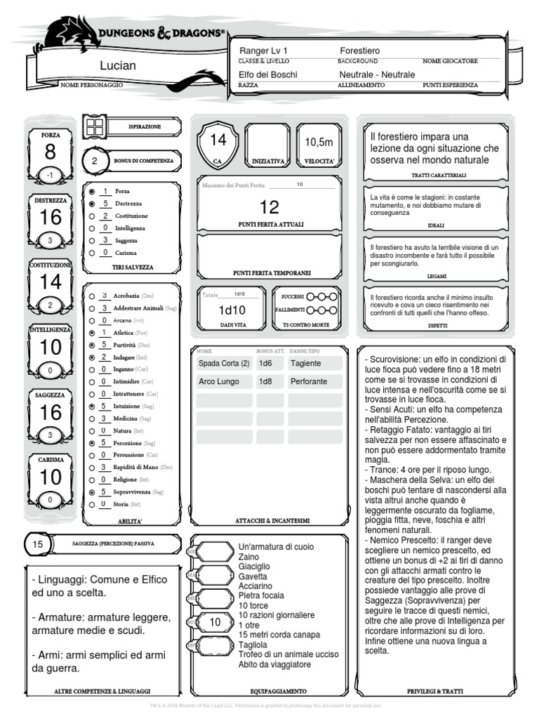 DD 5e Scheda Personaggio Ranger | PDF