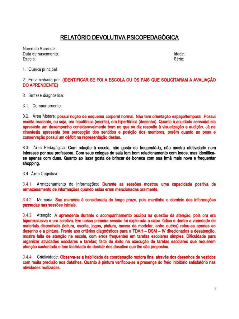 Modelo Devolutiva | PDF | Transtorno de déficit de atenção e ...