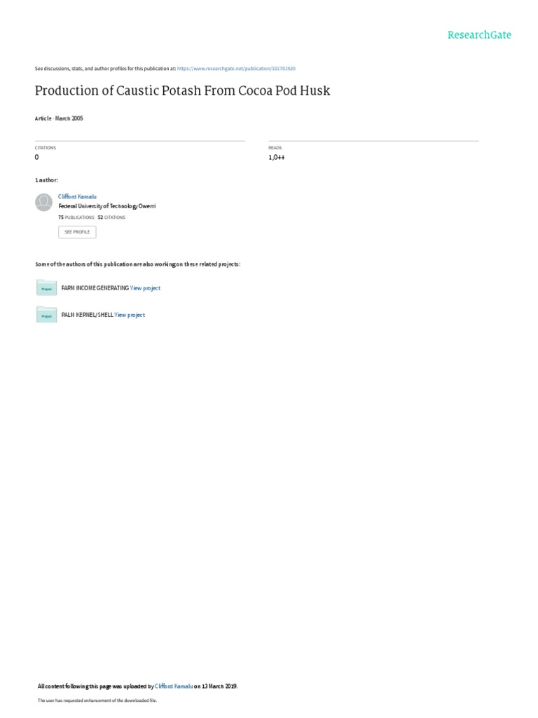 Production of Caustic Potash From Cocoa Pod Husk | PDF