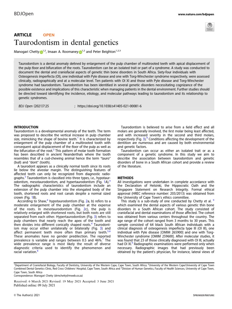 Taurodontism in Dental Genetics: Bdjopen | PDF | Tooth | Dental Anatomy