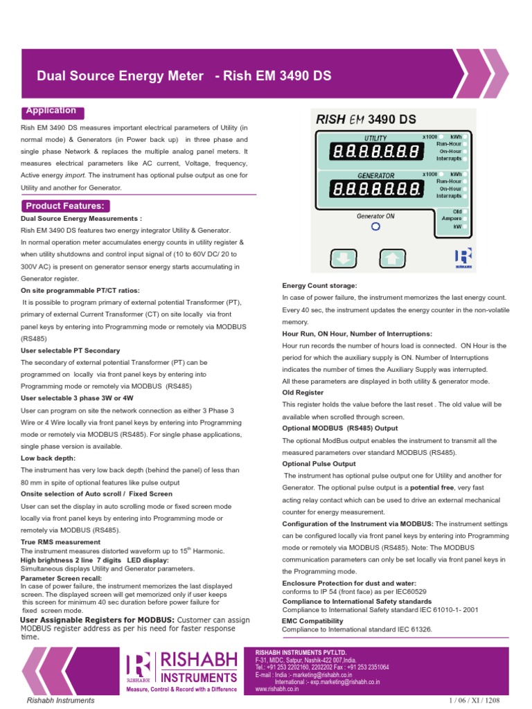 RISH EM 3490 DS - Digital Multifunctional Dual Source Energy Meter ...