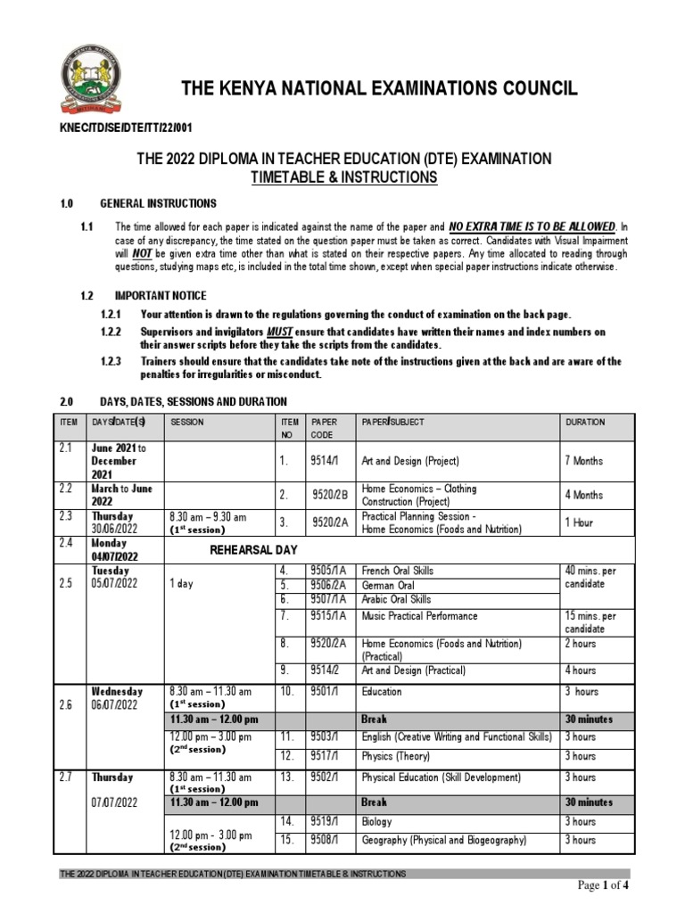 The 2022 Diploma in Teacher Education (DTE) Examination Timetable: A ...