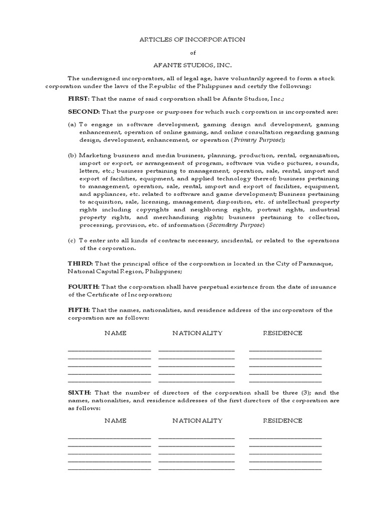 ARTICLES OF INCORPORATION (Draft) | PDF | Corporations | Business