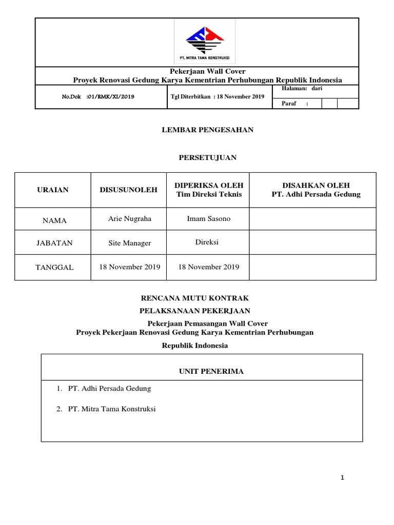 Rencana Mutu Kontrak - MTK PDF | PDF | Bisnis | Teknologi & Rekayasa