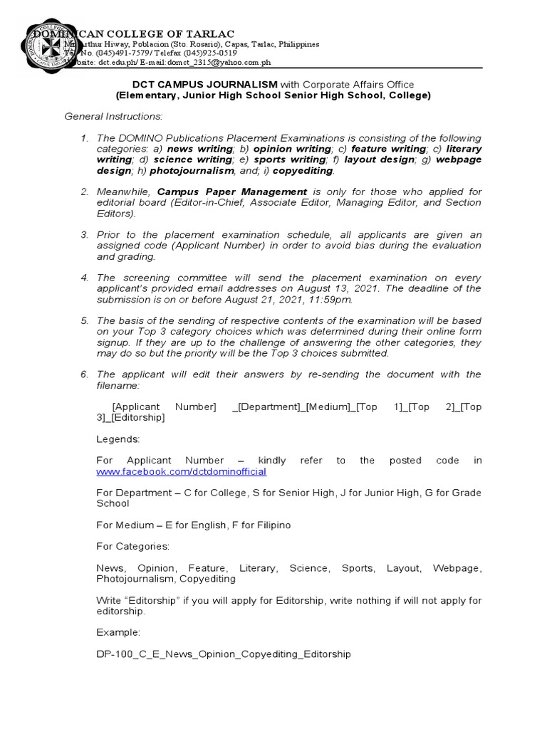 Guidelines for Campus Journalism Placement Examinations and Editorial ...