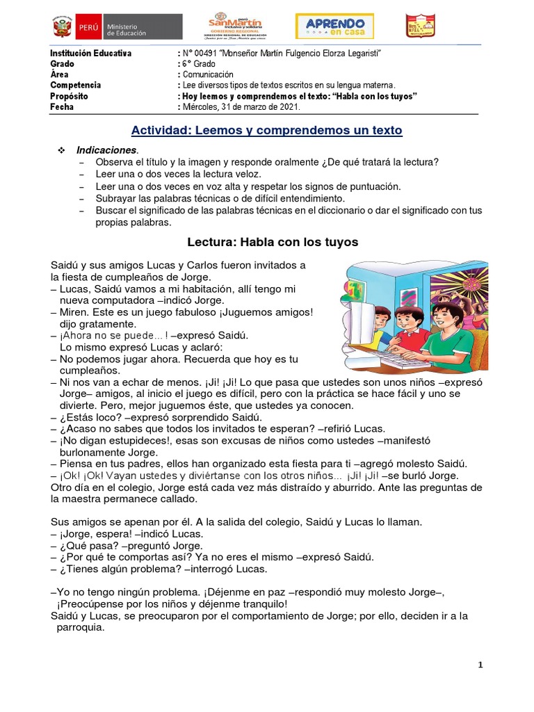 Actividad: Leemos y Comprendemos Un Texto: Lectura: Habla Con Los Tuyos ...