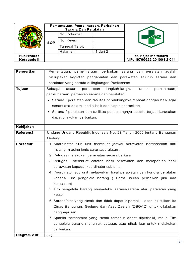 8.5.1.4 SOP Pemantauan, Pemeliharaan, Perbaikan Sarana Dan Peralatan | PDF