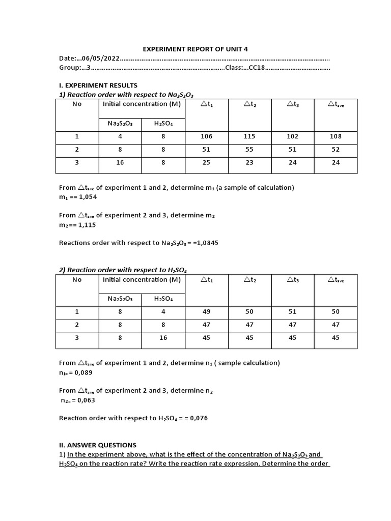 Reaction Order Analysis of Na2S2O3 and H2SO4 | PDF | Reaction Rate ...