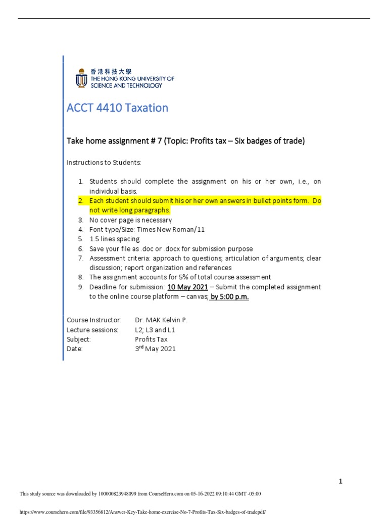 ACCT 4410 Taxation: Take Home Assignment # 7 (Topic: Profits Tax - Six ...