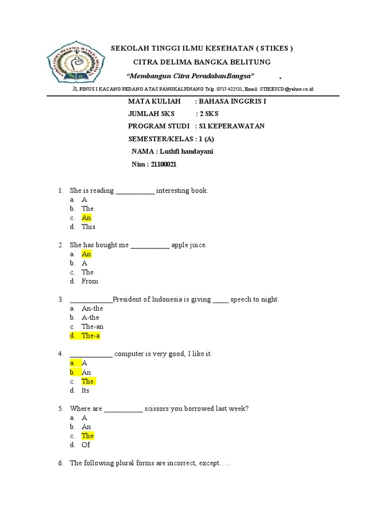 Soal Uas s1 Kep SMSTR 1 (A) | PDF