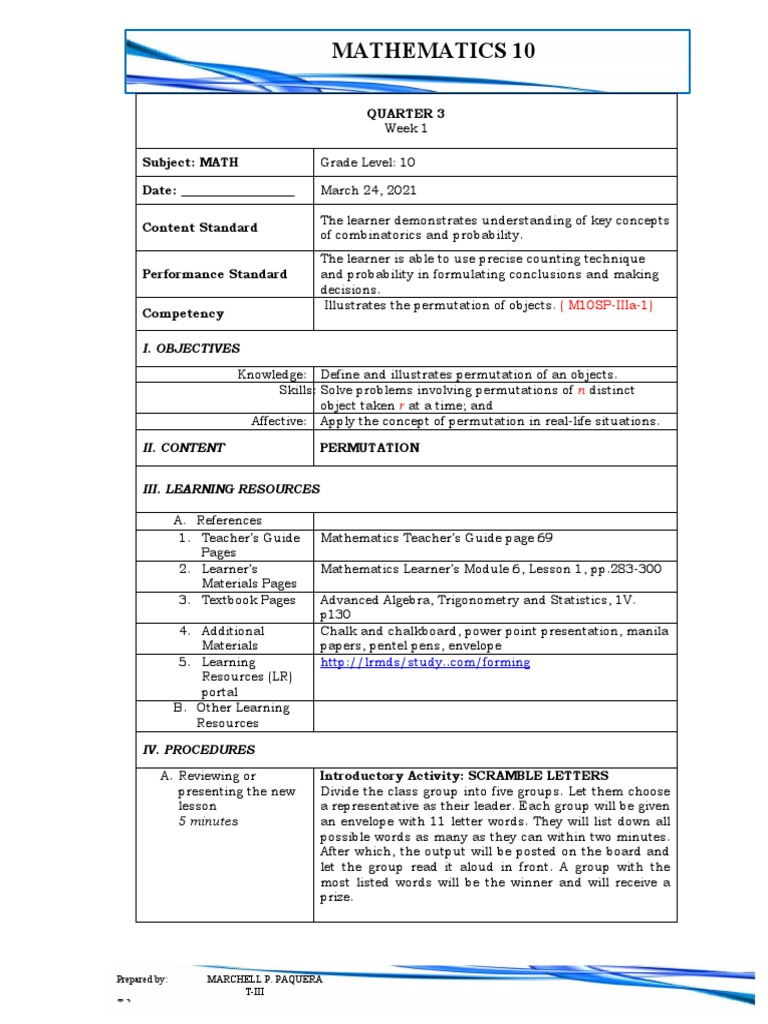 Lesson Plan Mathematics 10 Permutations | PDF | Permutation | Dna