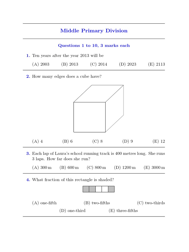 2013 Australian Mathematics Competition AMC Middle Primary Years 3 and ...