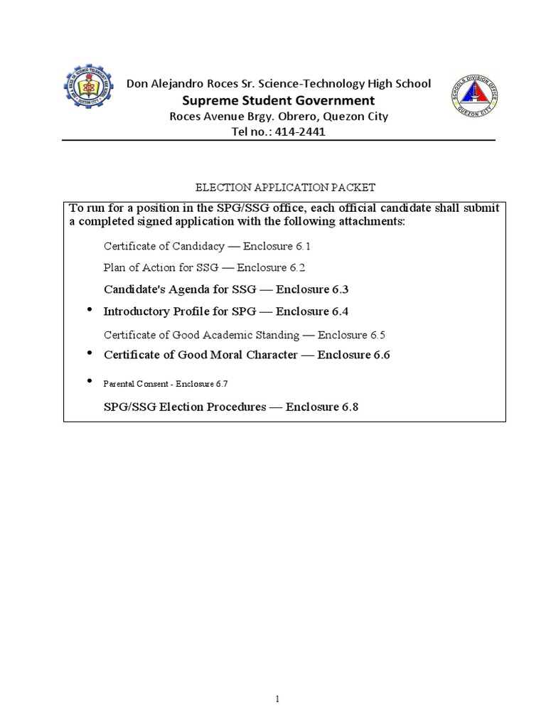 Supreme Student Government: Certificate of Candidacy - Enclosure 6.1 ...