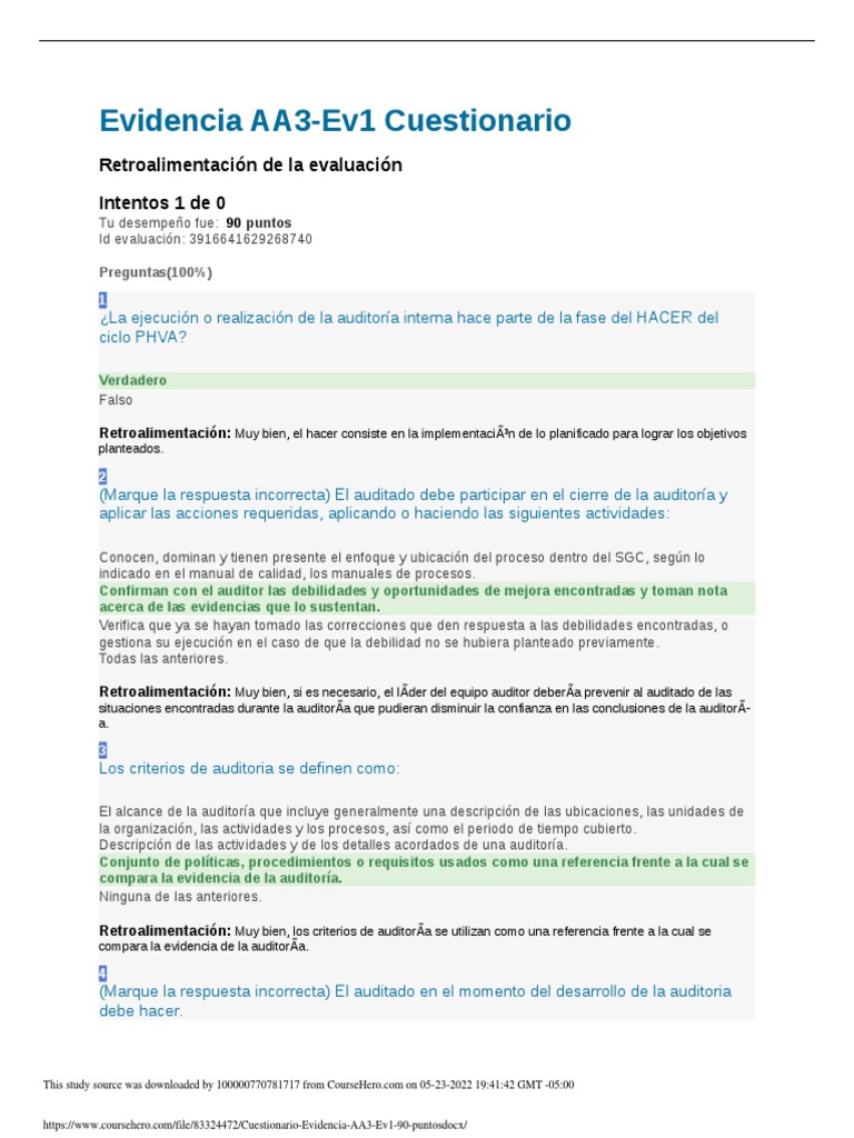 Cuestionario Evidencia AA3 Ev1 90 Puntos | PDF | Auditoría | Evaluación